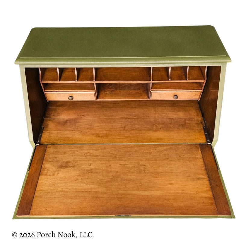 Porch Nook | Vintage Ombre Green & Black Secretary Desk with Rattan ...