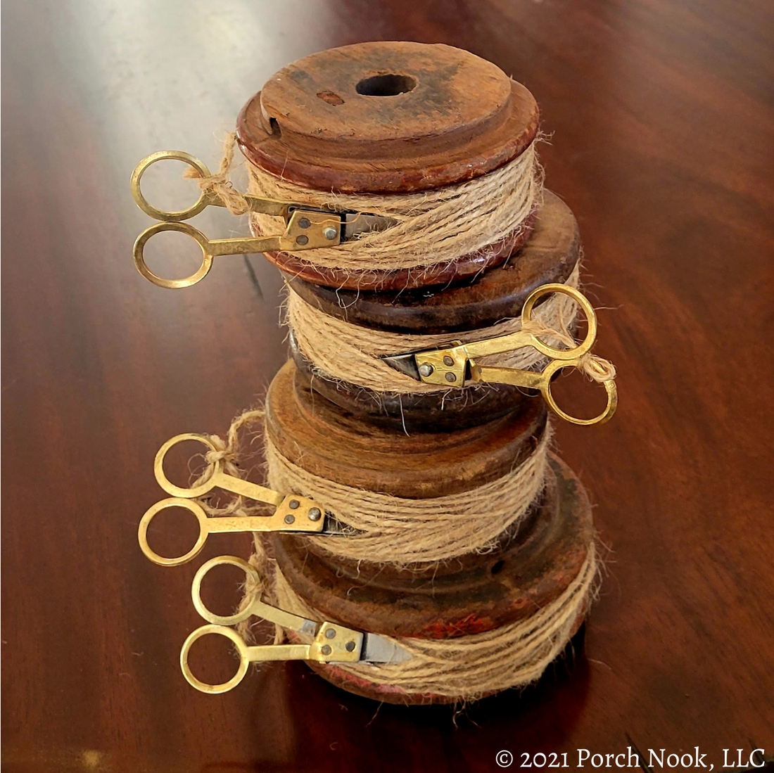 Porch Nook | Rustic Large Flat Wooden Spool with Twine and Scissors-