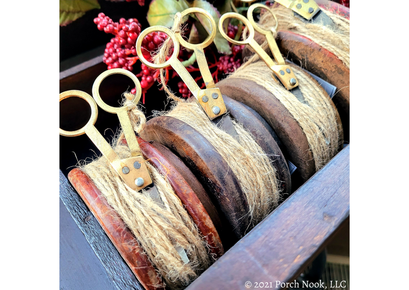 Porch Nook | Rustic Large Flat Wooden Spool with Twine and Scissors-